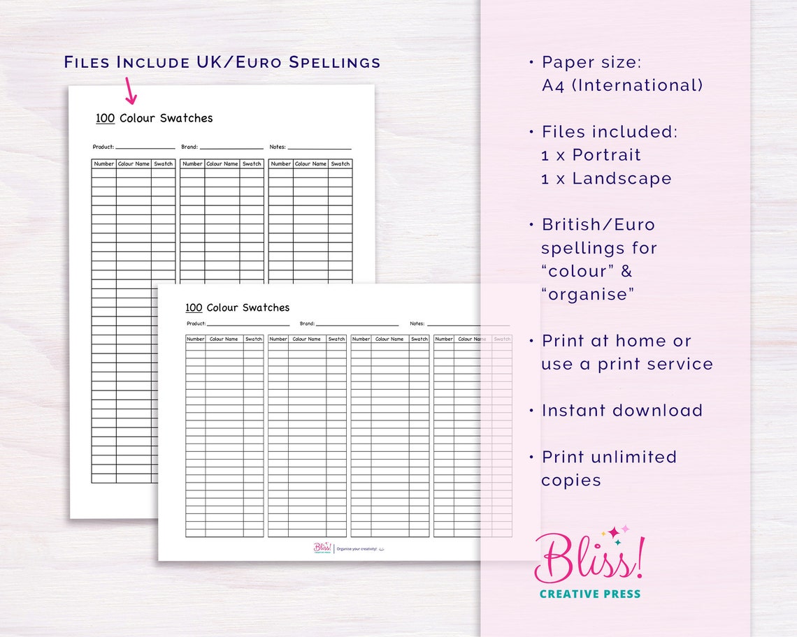 A4 Blank Colour Swatch Chart | 100 Colours | A4 Portrait + Landscape ...