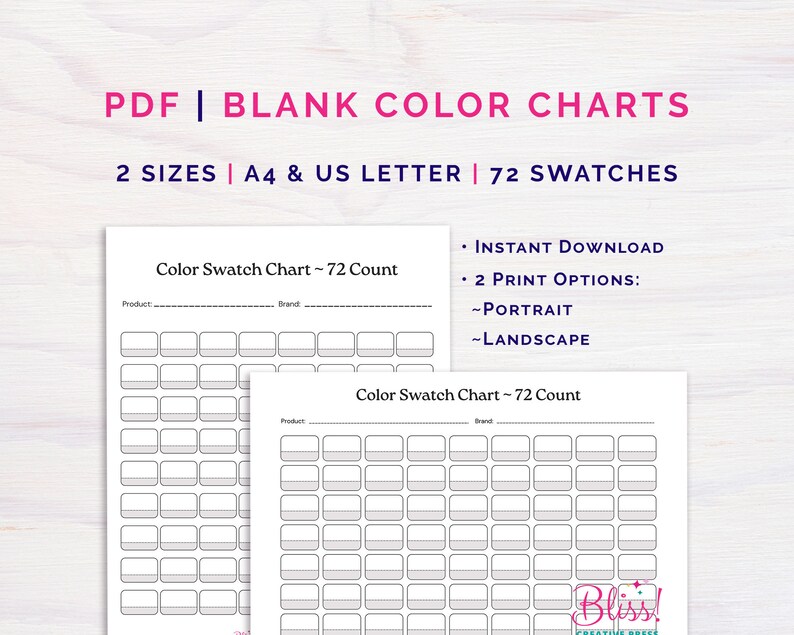 Blank Color Swatch Chart | 72 Colors | Portrait + Landscape | A4 + US ...