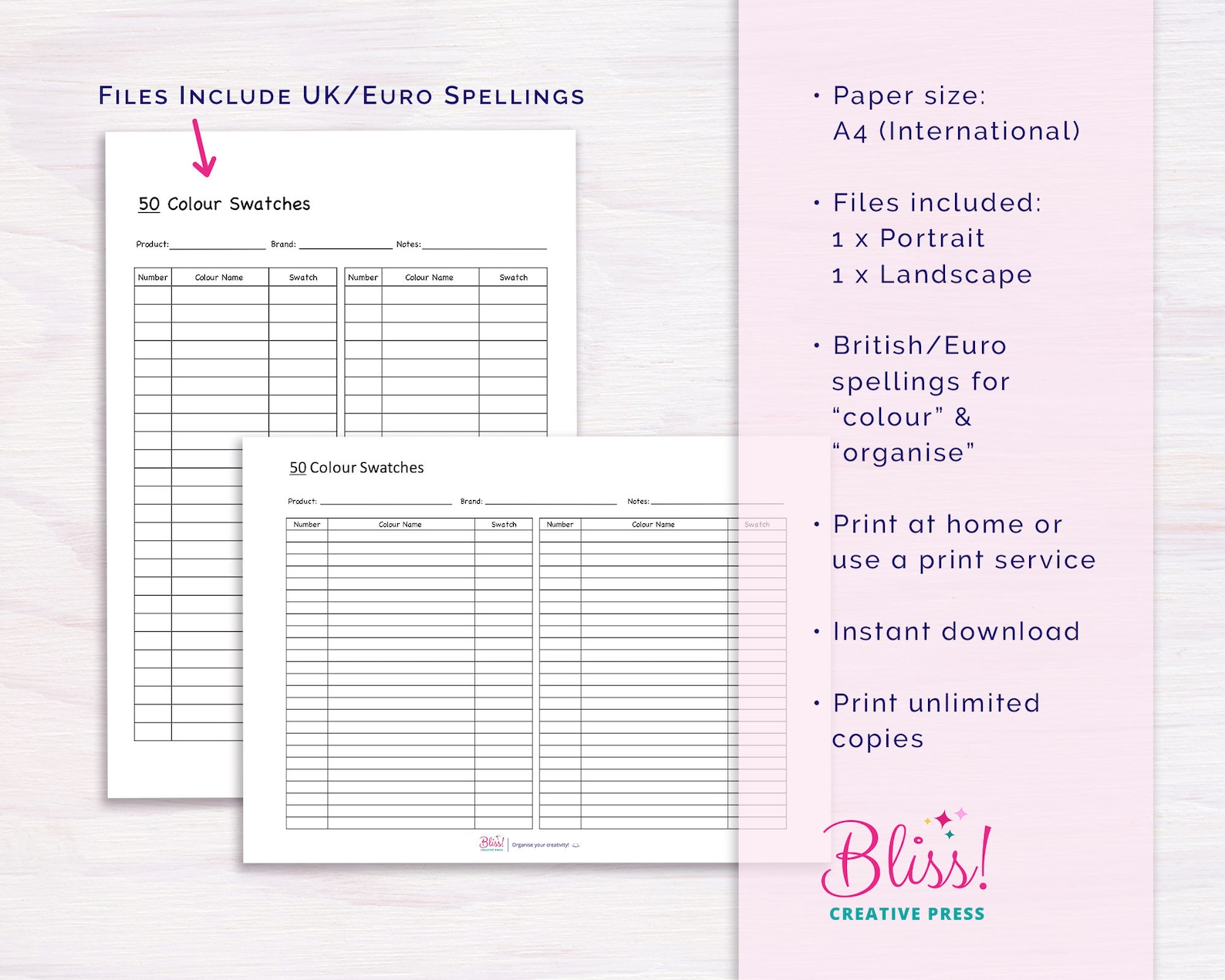 A4 Blank Colour Swatch Chart 50 Colours A4 Portrait Landscape DIY ...