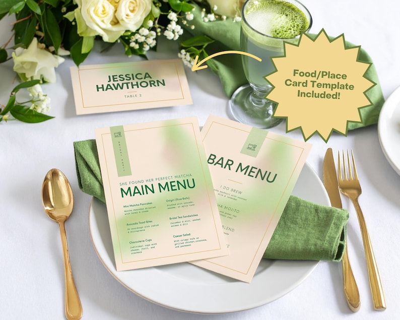 Matcha Themed Bridal Shower Menu and Buffet Tent Card Template ...