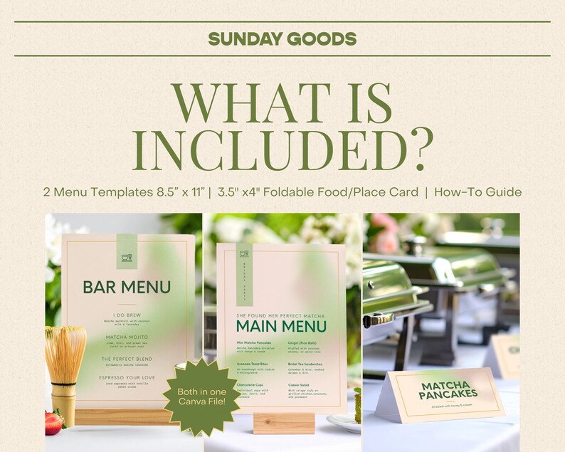 Matcha Themed Bridal Shower Menu and Buffet Tent Card Template ...