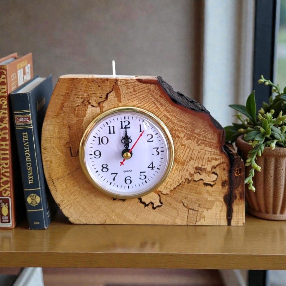 Handmade Beech Wood Desk Clock With Candle Holder – Natural Edge Rustic ...