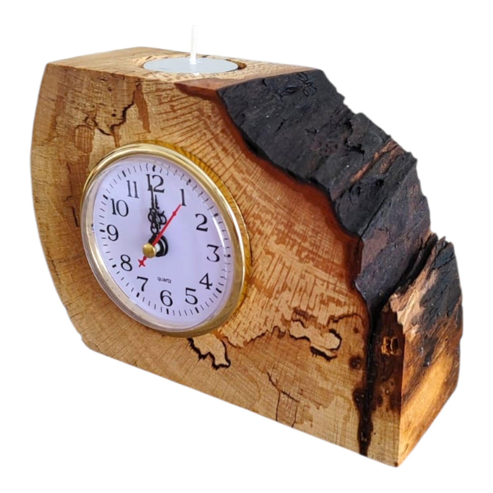 Handmade Beech Wood Desk Clock With Candle Holder – Natural Edge Rustic ...