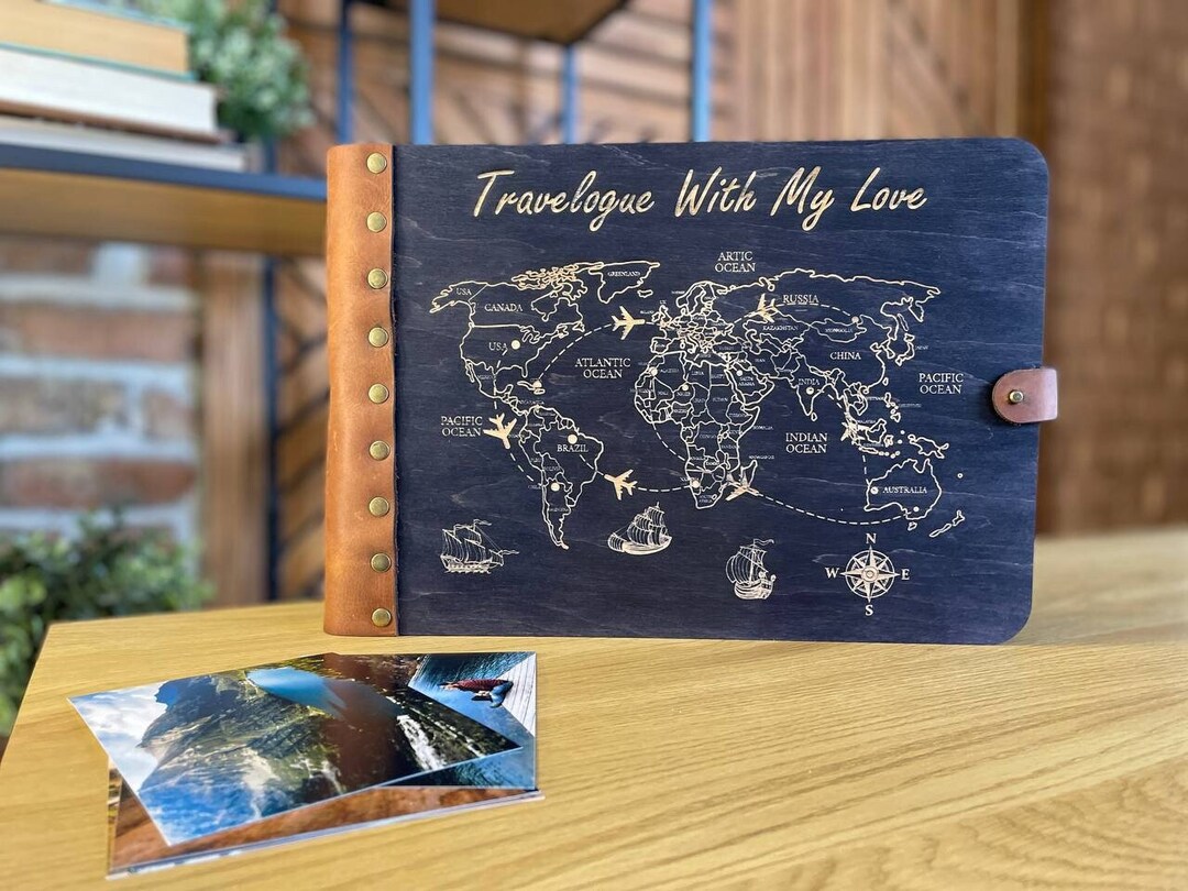 Family Adventure Book With World Map, Wooden Black Travel Book ...
