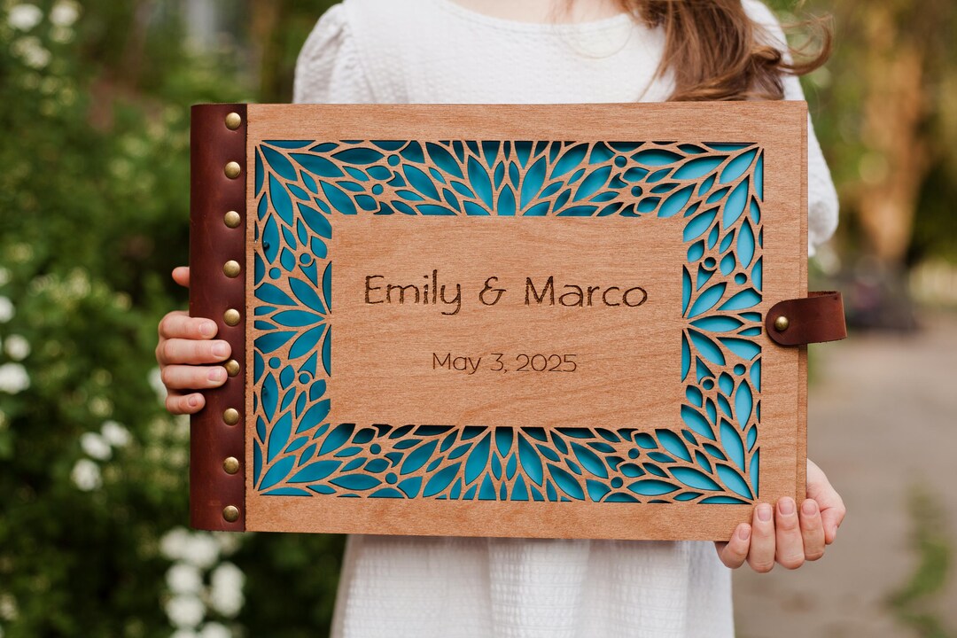 Custom Leather and Wood Wedding Guest Book – Handmade Album With Laser ...