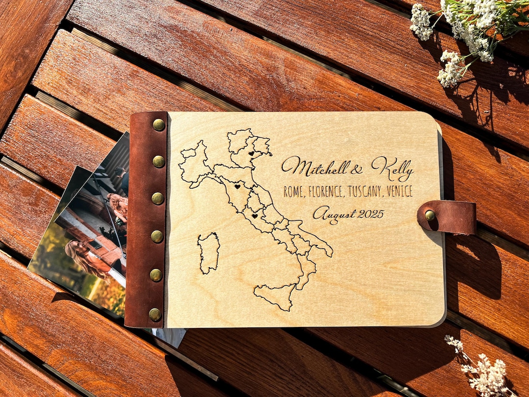 Personalized Italy Map Photo Album – Custom Wooden Travel Scrapbook for ...