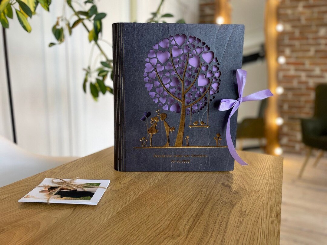 Purple Wedding Guest Book, Tree of Hearts Wedding Guest Book, Wooden ...