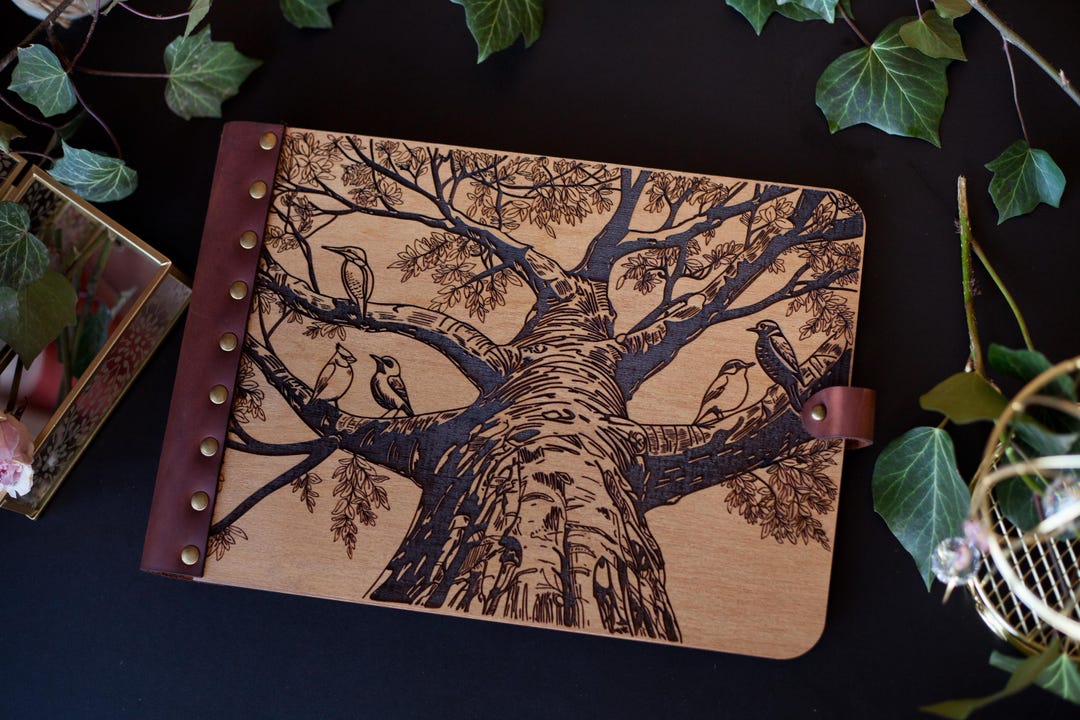 Engraved Tree Guest Book With Birds – Leather-bound Wooden Album ...
