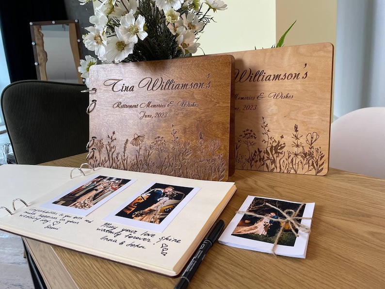 Personalised Retirement Guest Book Wooden Photo Album Colleague Gift ...