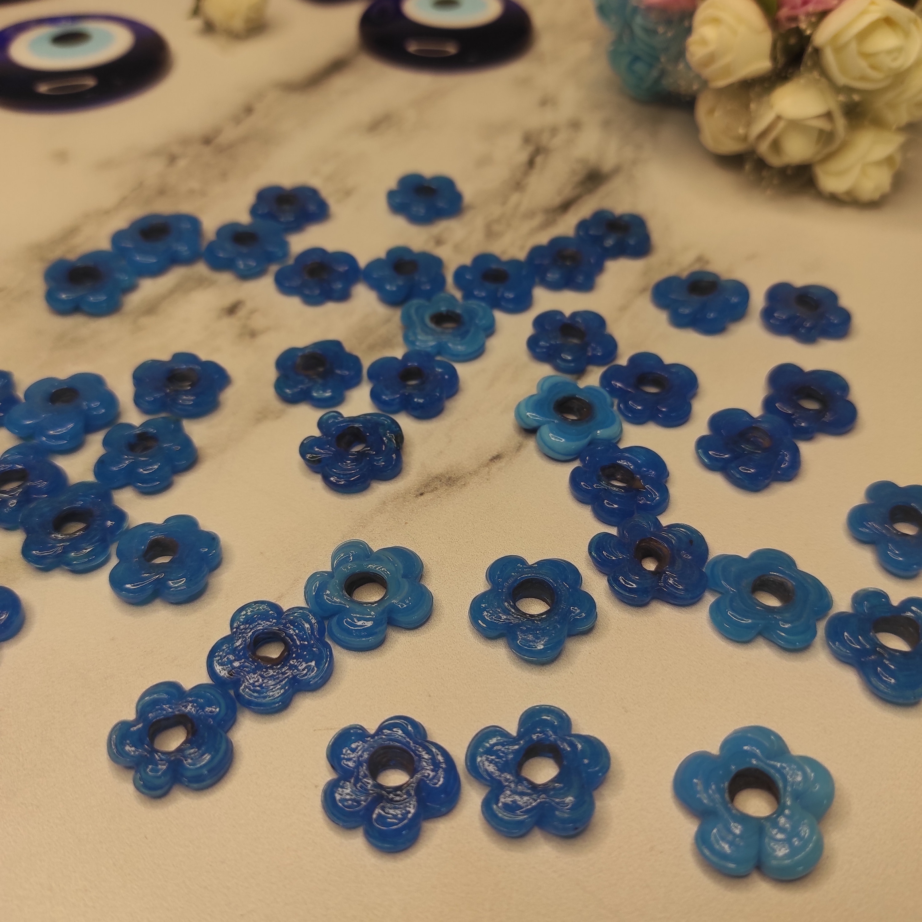 Blue Glass Flower Beads Large Chunky Flower Artisan Handmade - Etsy