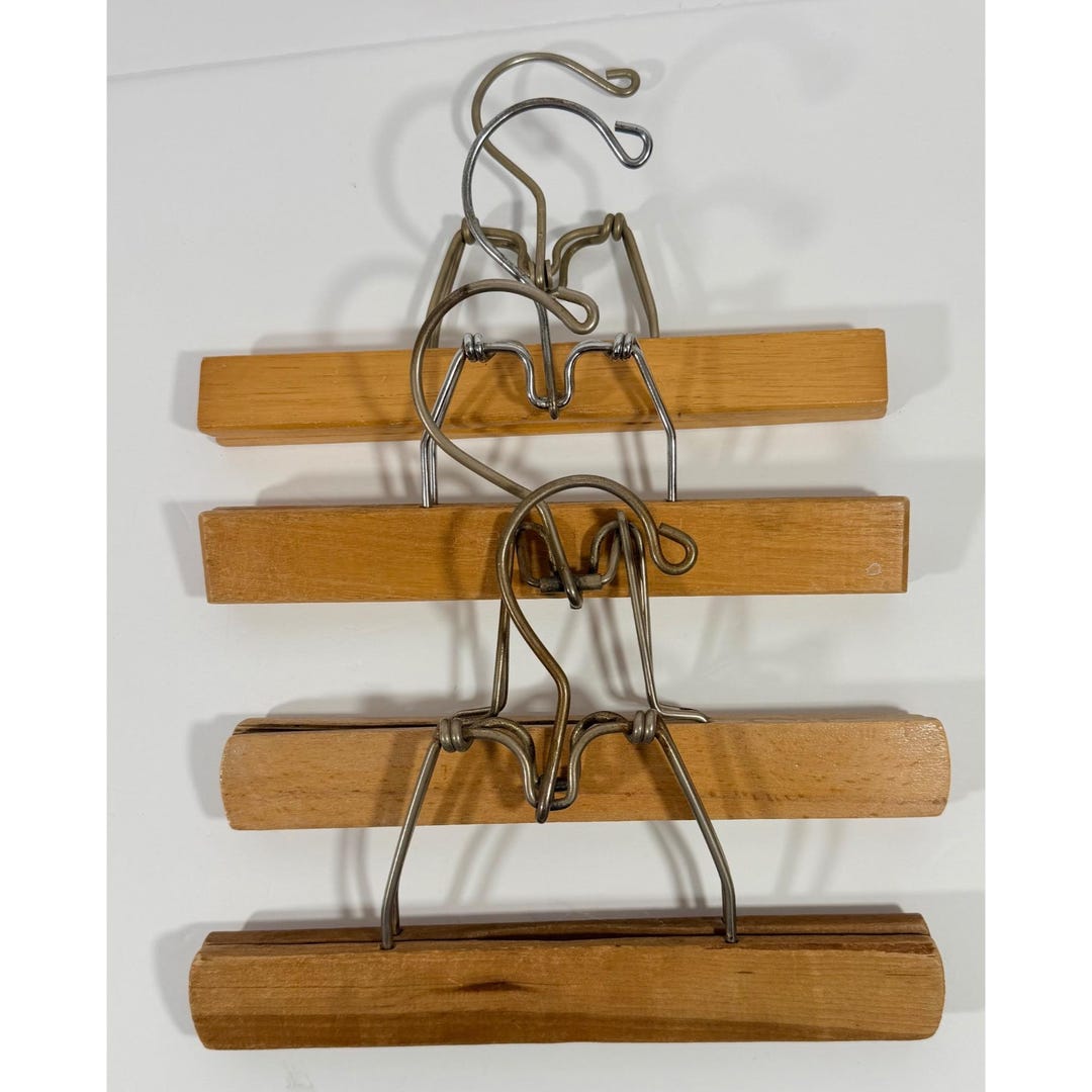 Vintage Wooden Clamp Style Pant Skirt Hangers With Metal Clips Set of 4 ...