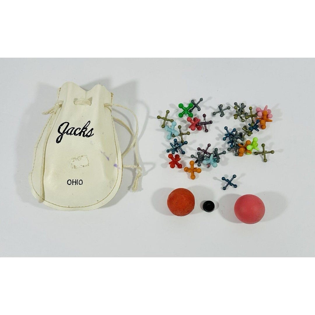Vintage Jacks Toy Play Set Circa 1960s Metal Plastic W/ Cinch Bag Ohio ...