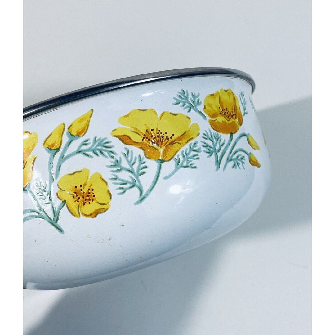 Vintage Enamelware Nesting Bowl Yellow Orange Poppies Flowers Kobe ...