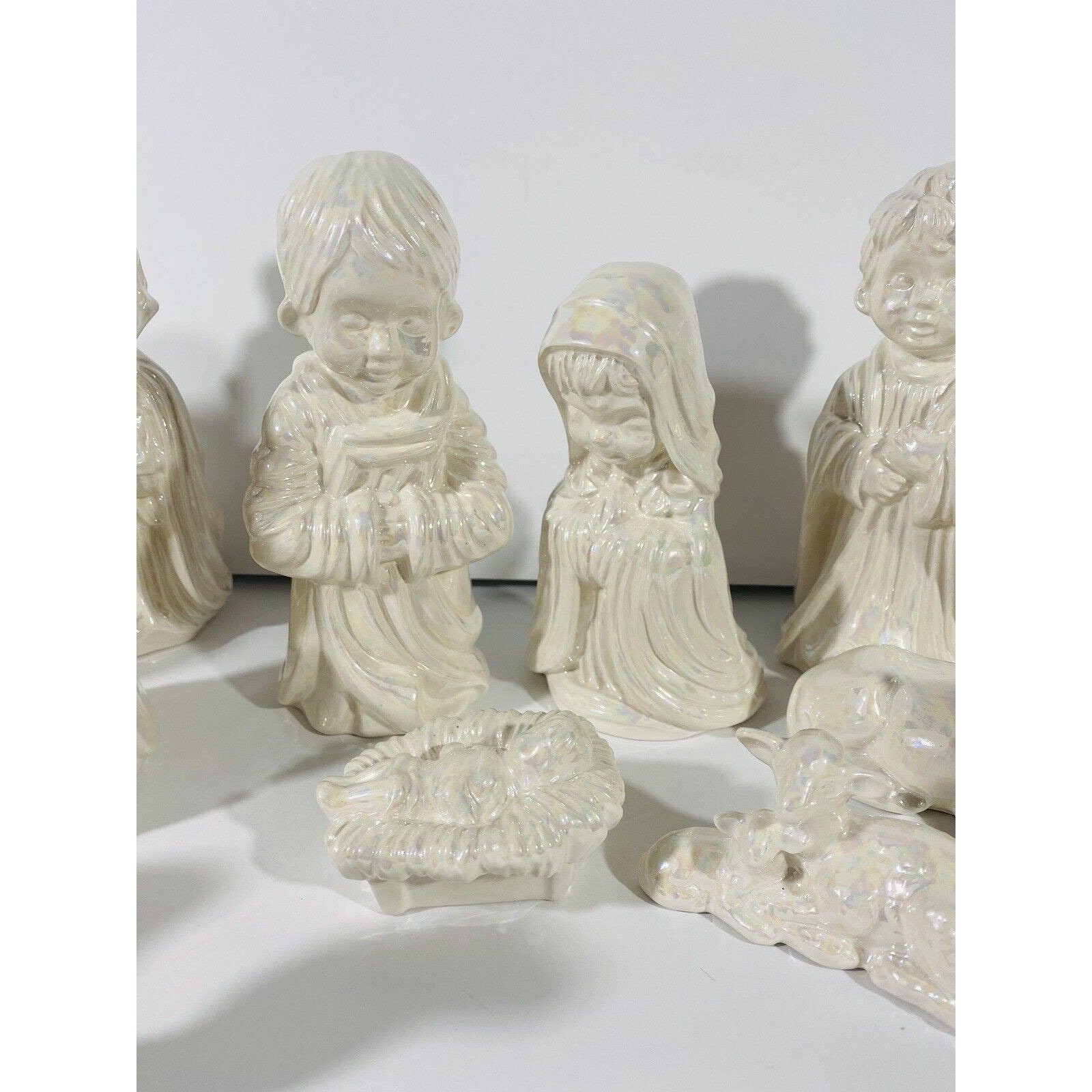 Vintage Arnel Nativity Set Glazed Ceramic Iridescent White Christmas ...