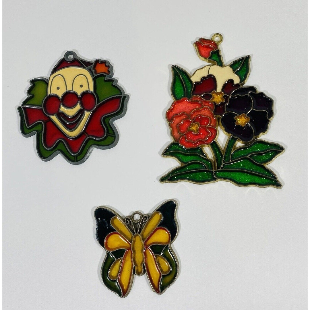 Stained Glass Heavy Suncatchers Clown Flowers Butterfly 1980s Metal ...