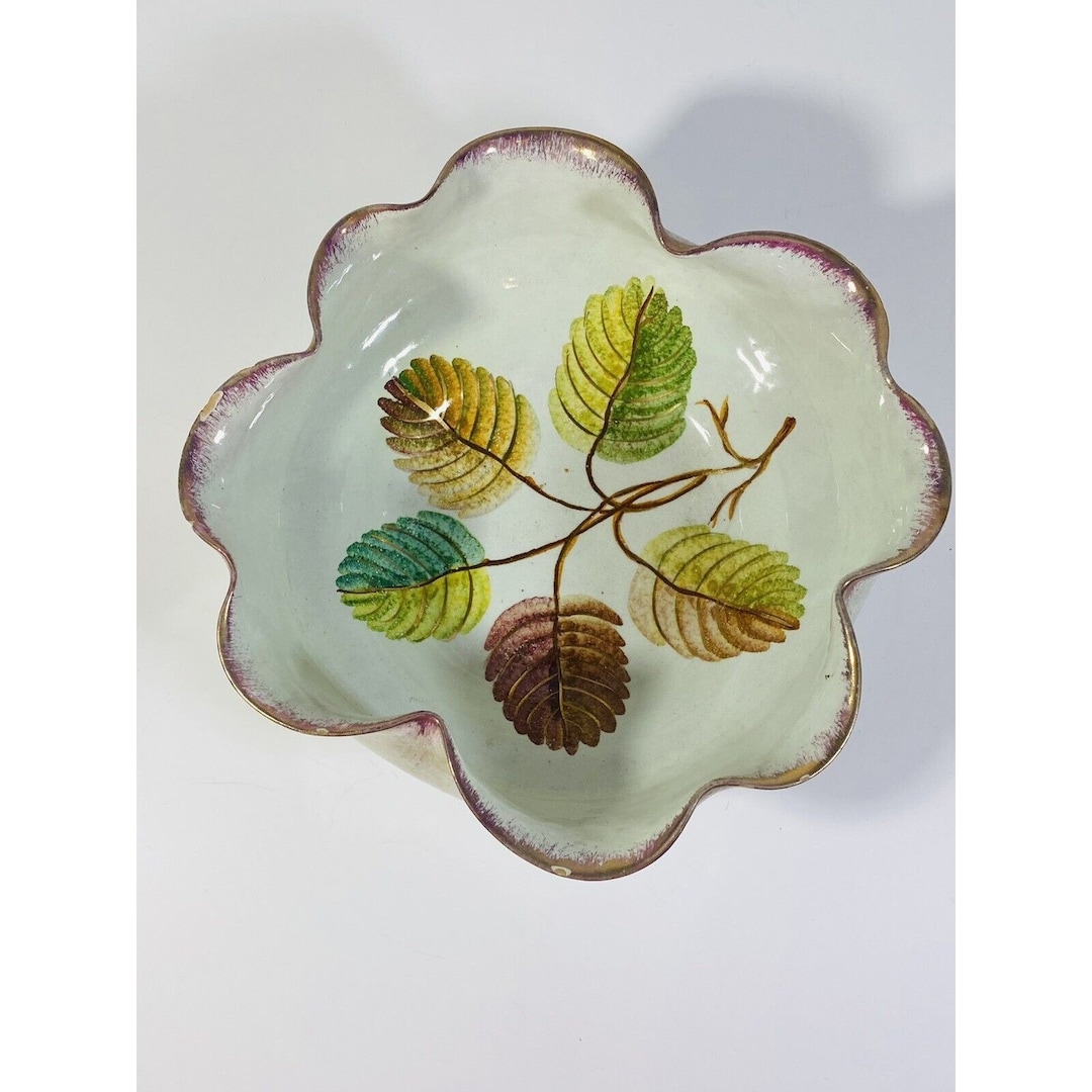 Italian Art Pottery Fall Leaf Leaves Fluted Bowl Centerpiece Table ...