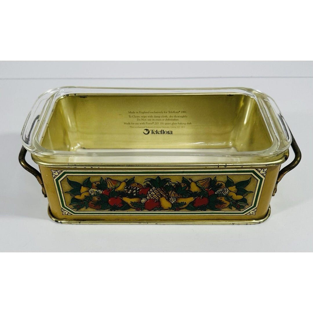 Pyrex 213 Glass Loaf Bread Pan 1981 Teleflora Tin Holder USA England ...