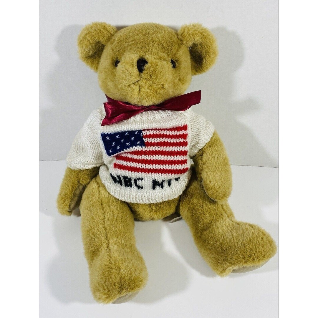 Vintage NBC NYC Teddy Bear Plush Sweater Stuffed Animal Brown Red Bow ...