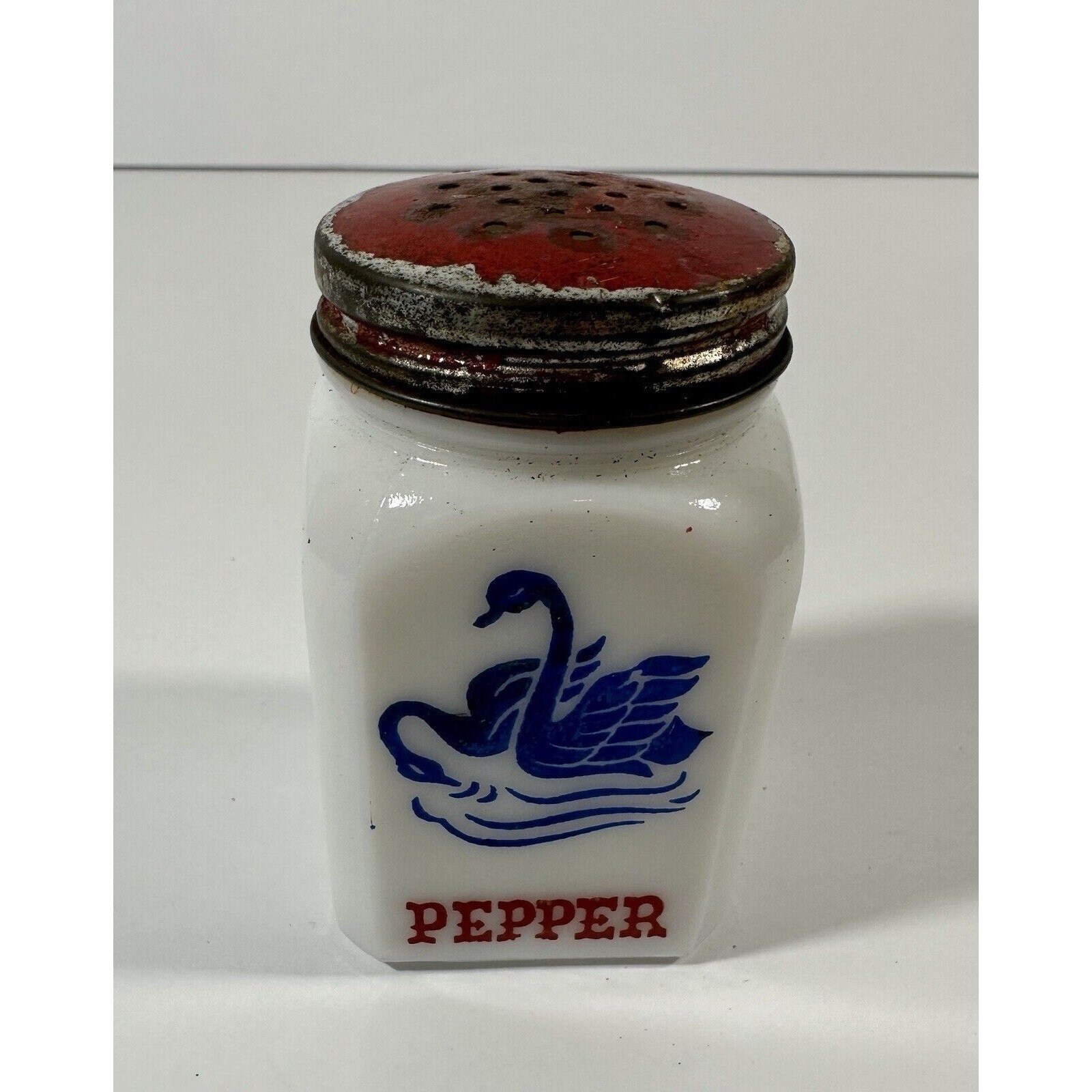 Vintage Hazel Atlas Swan Design Milk Glass Pepper Shaker With Red Lid ...