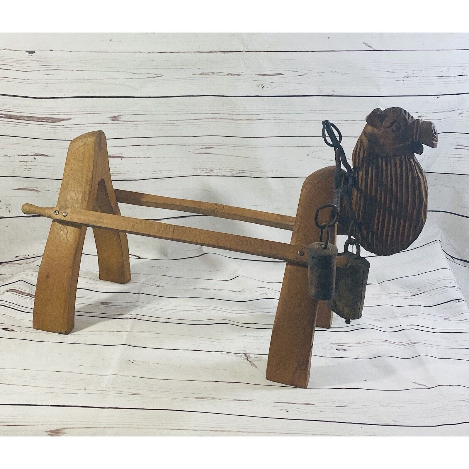Antique Wood Shoe Rack Display Camel Handmade Metal Bells Vintage ...