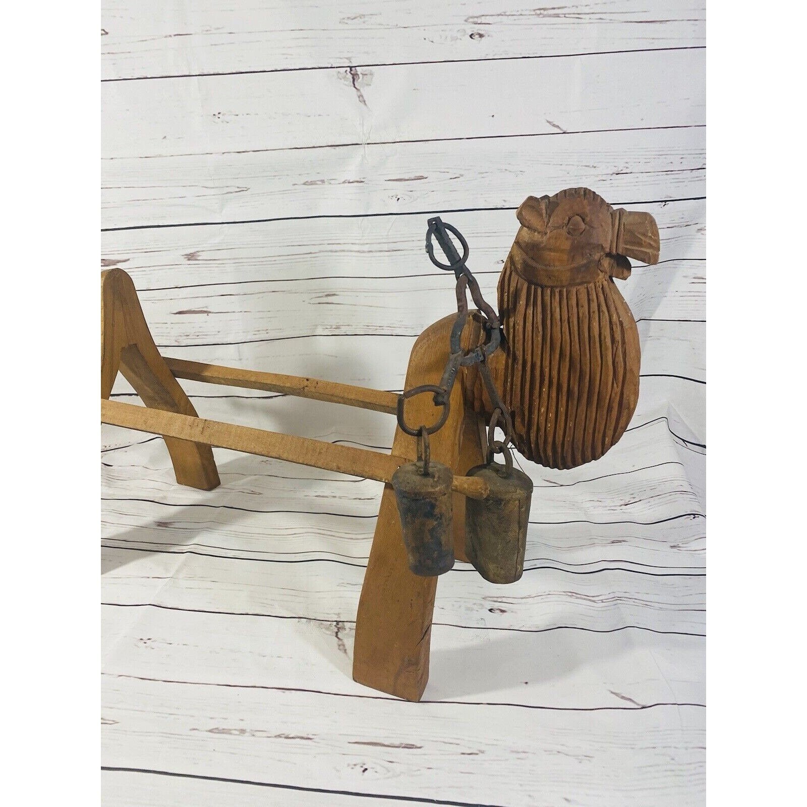 Antique Wood Shoe Rack Display Camel Handmade Metal Bells Vintage ...