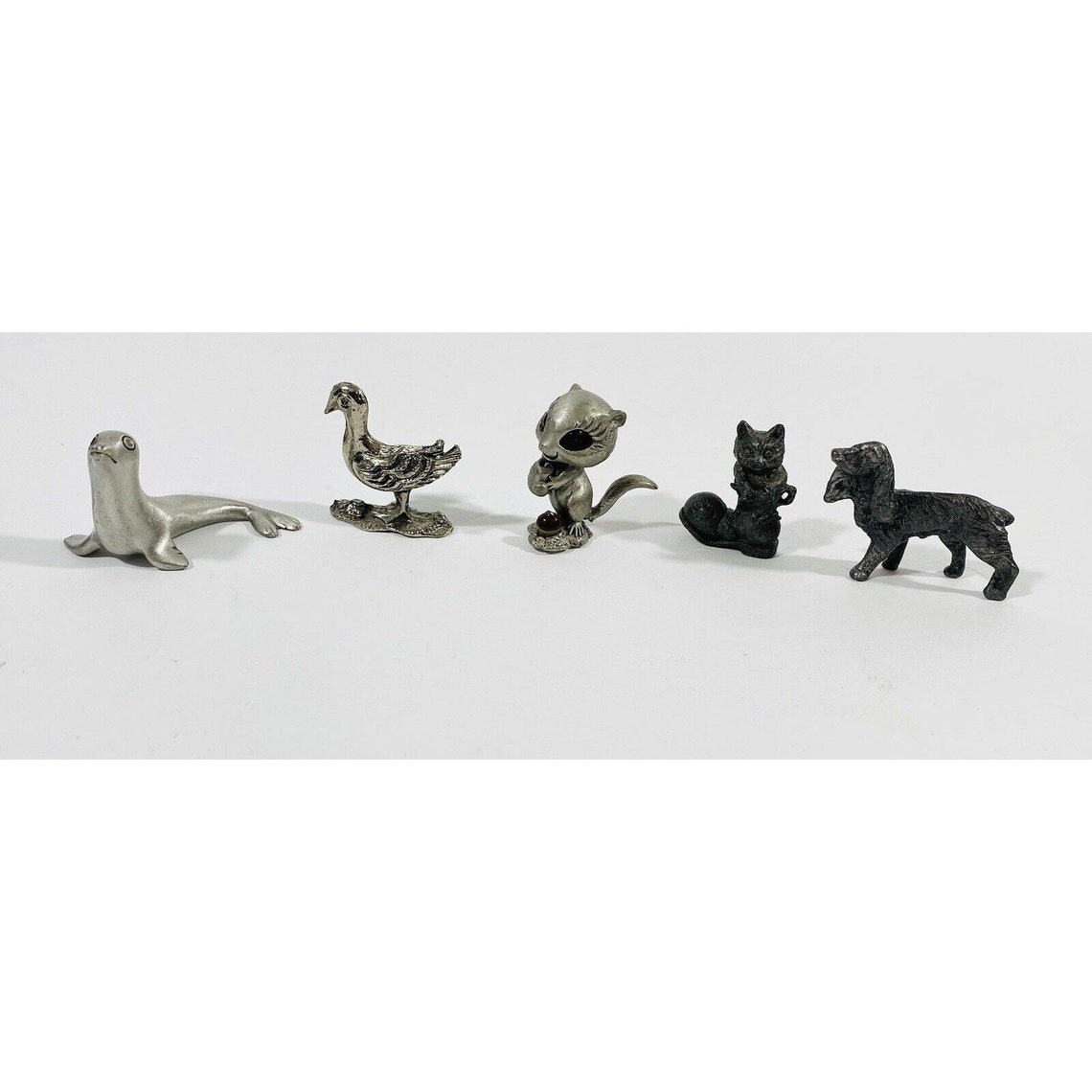 Vintage Miniature Pewter Animals Figurines Seal Squirrel Kitten Cat Dog ...