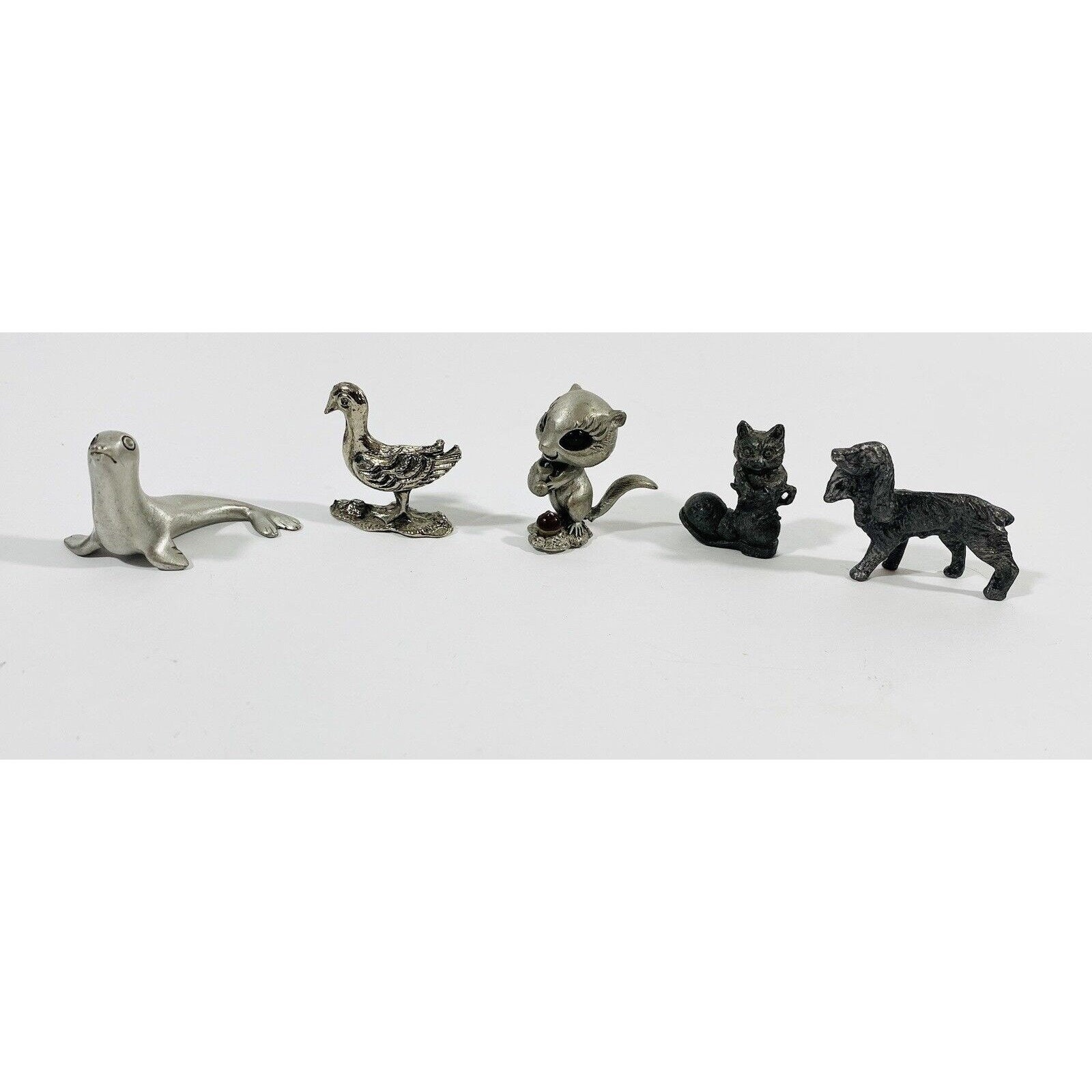 Vintage Miniature Pewter Animals Figurines Seal Squirrel Kitten Cat Dog ...