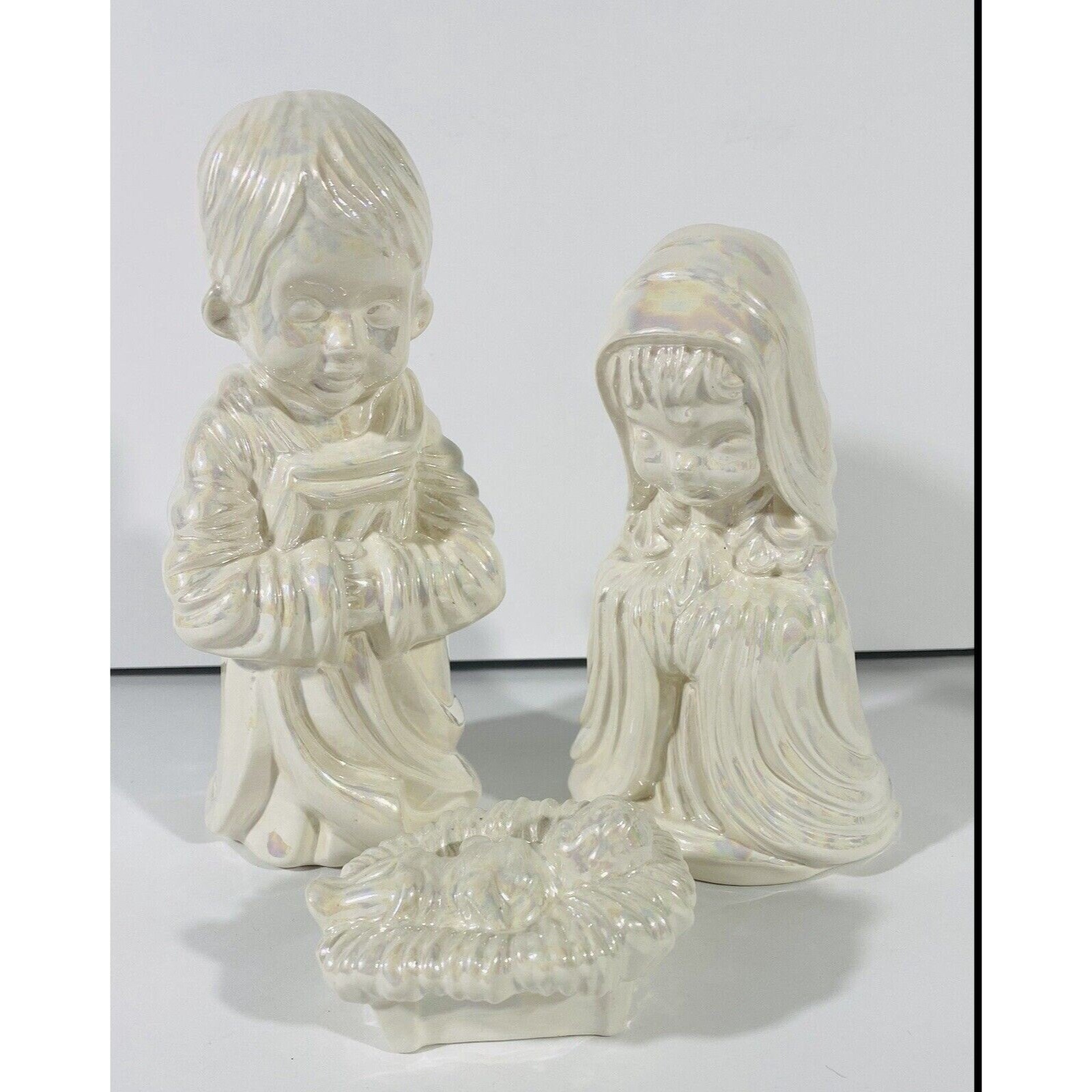 Vintage Arnel Nativity Set Glazed Ceramic Iridescent White Christmas ...