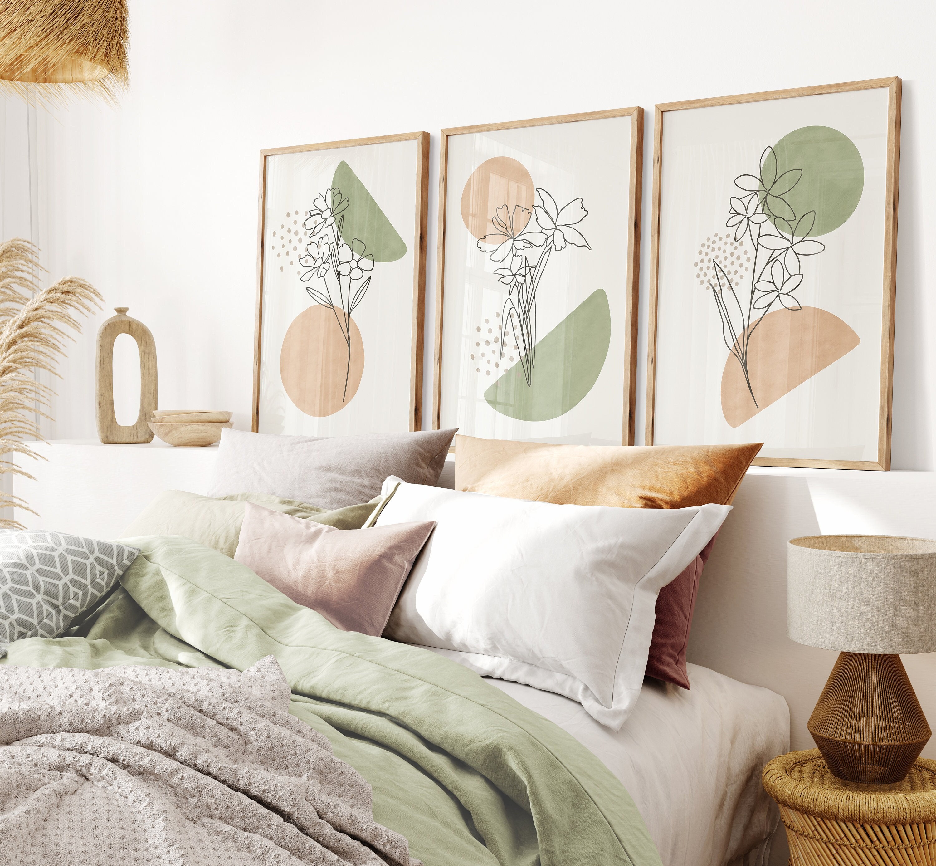 Sage Green and Peach Wall Art Set of 3, Boho Nursery Prints, Wild ...