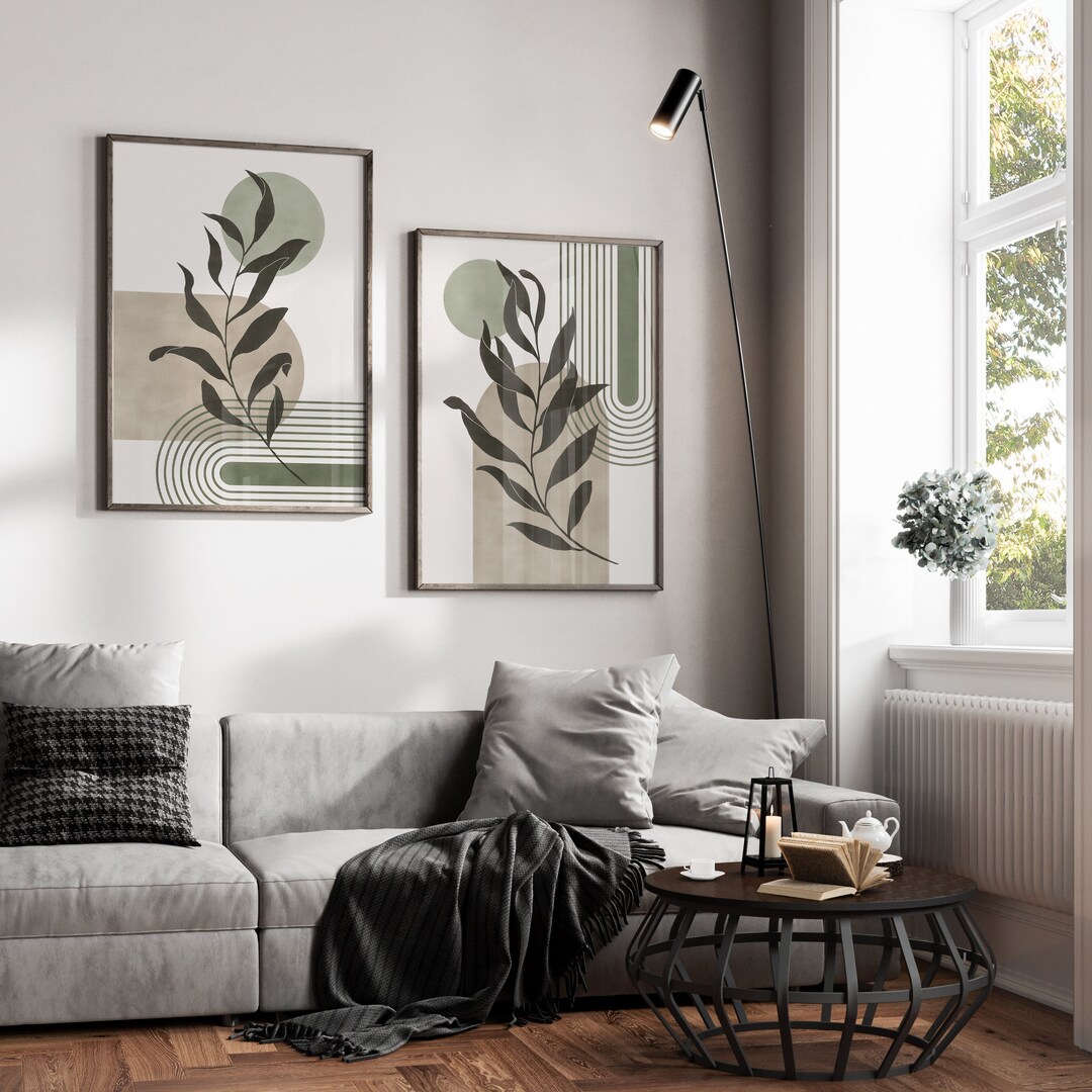 Set of 2 Boho Sage Green Wall Art, Mid Century Modern Printable Wall ...