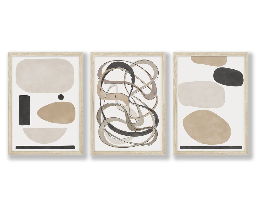 Abstract Wall Art Set of 3, Geometric Shapes Set of 3 Prints, Beige ...