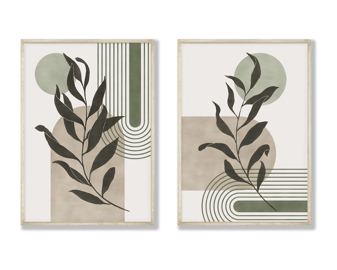 Set of 2 Boho Sage Green Wall Art, Mid Century Modern Printable Wall ...