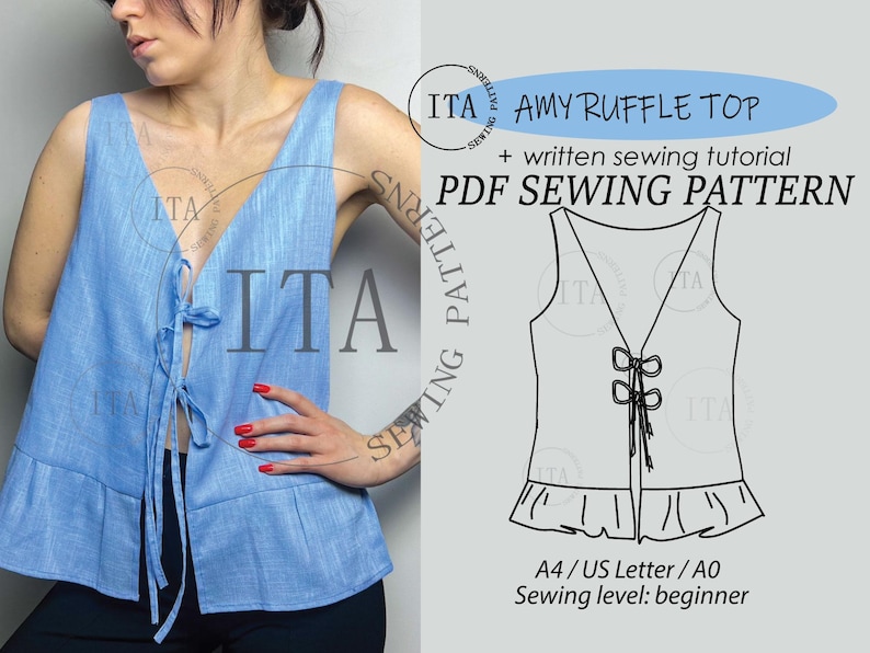 Amy Ruffle Front Tie Tank Sewing Pattern | Digital PDF Sewing Pattern ...