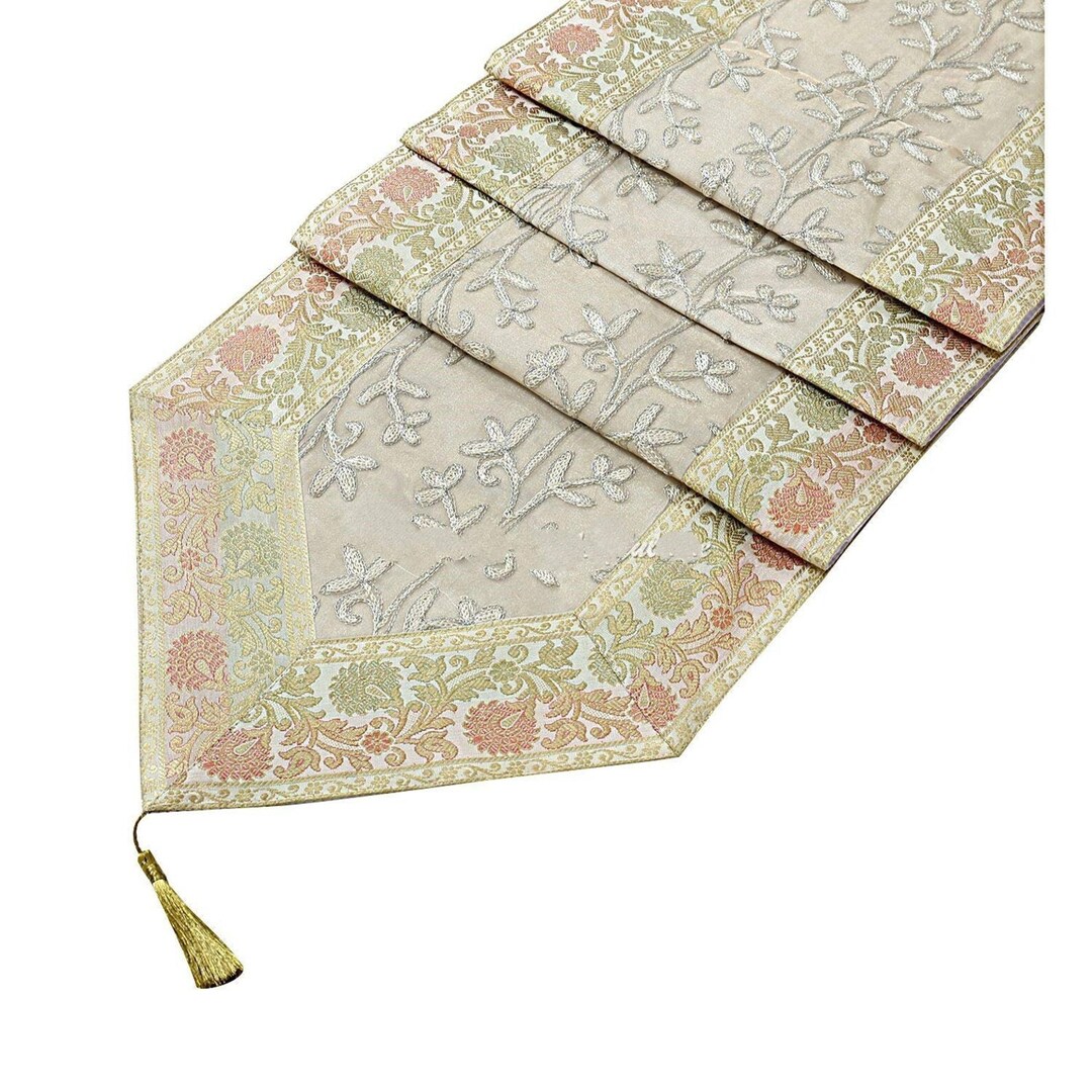 White Gold Table Runner Coffee Table Mat Ari Zari Embroidered Brocade ...