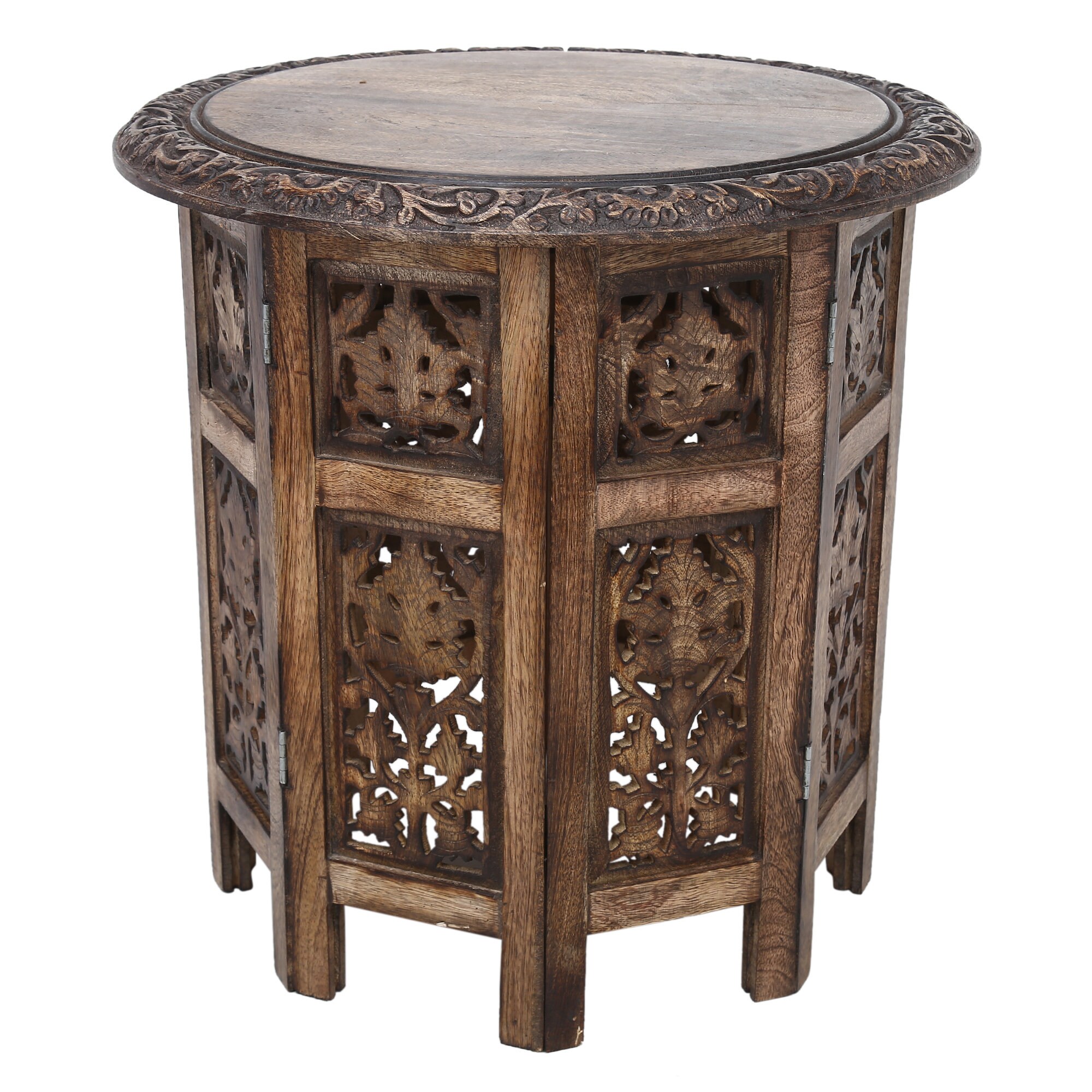 Antique Coffee Round Table Boho End Furniture Carved Room Wooden Side ...