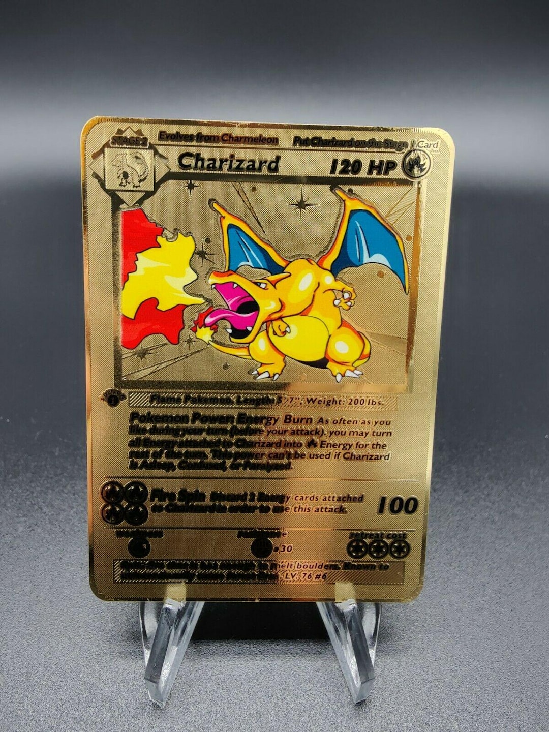 Pokemon Charizard 4/102 Solid Metal Trading Card - Gold - 1st Edition ...