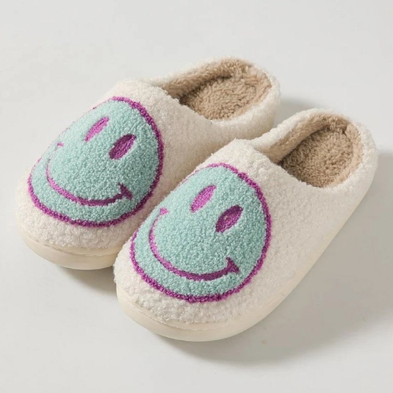Smiley Face Slippers Fluffy Cushion Slides Cute Womens Etsy