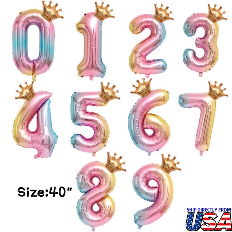 40" Giant Rainbow Number Balloons With Princess Crown Gradient Color ...