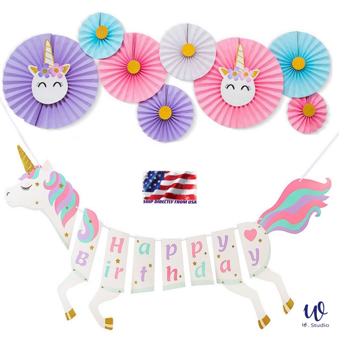 Unicorn Banner Happy Birthday Party Banner and Hanging Supplies Rainbow ...