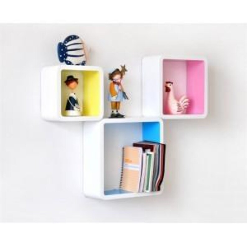 3 Retro Square Wooden Rounded Floating Cube Handmade Wall Storage ...