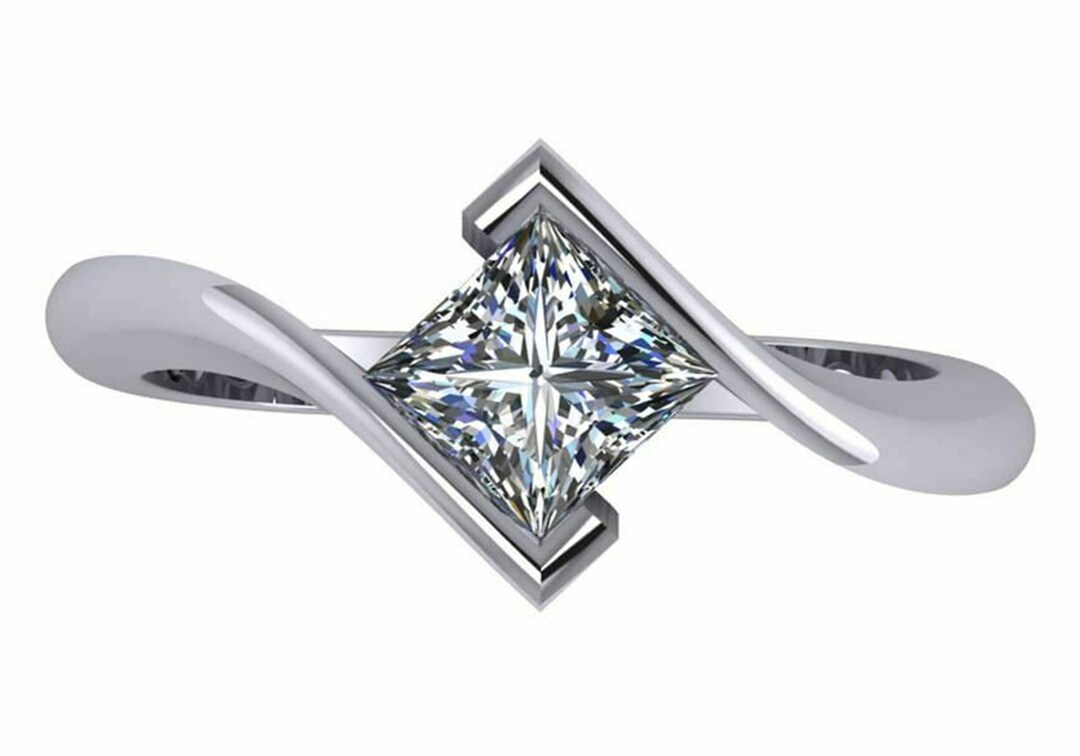 Bypass Shank Solitaire Ring, Princess Cut Moissanite Diamond Solitaire ...