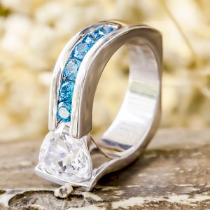 Tension Set & Channel Setting Ring, Trillion or Round CZ Stone Square Fold Ring, Men's or Woman ...