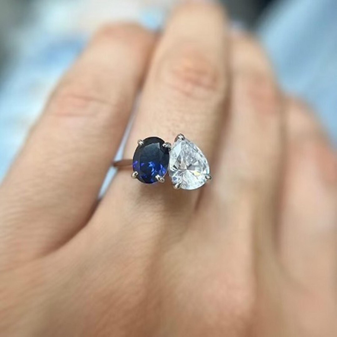 Toi Et Moi Engagement Ring for Her, Blue Sapphire Oval With Pear Cut CZ ...