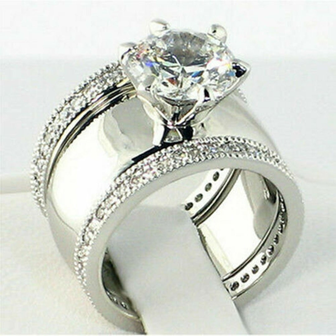 Three Piece Ring Set, Round Moissanite Diamond Wedding Bridal Ring Set ...