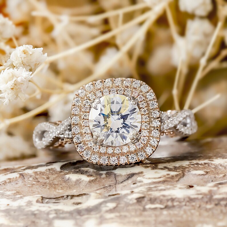 Double Halo Diamond Ring Twisted Shank Ring Milgrainvintage - Etsy