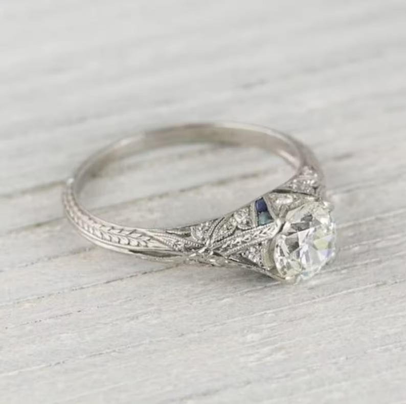 Vintage Inspired Mid Century Engraving Shank Ring, Old European & Blue ...