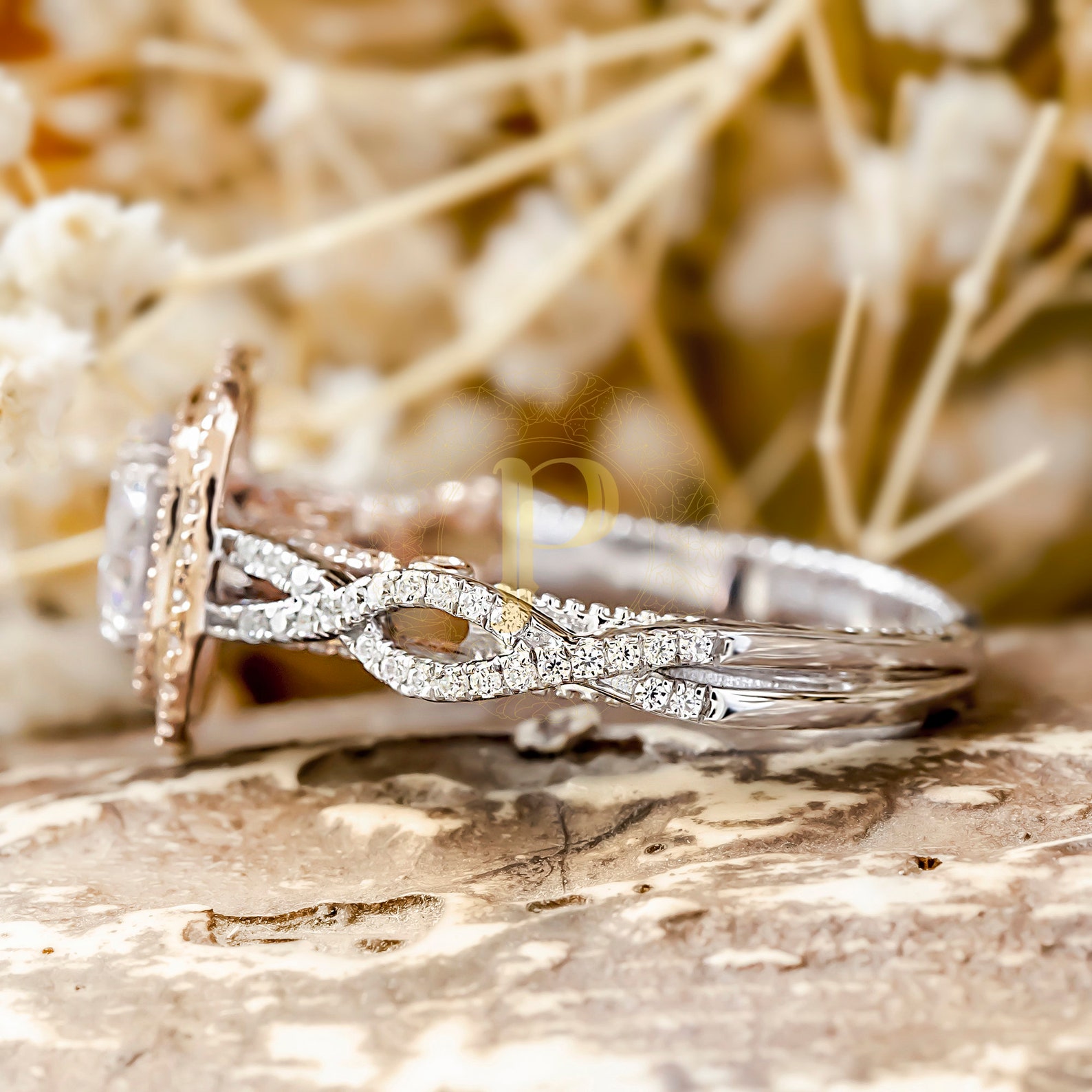 Double Halo Diamond Ring Twisted Shank Ring Milgrainvintage - Etsy