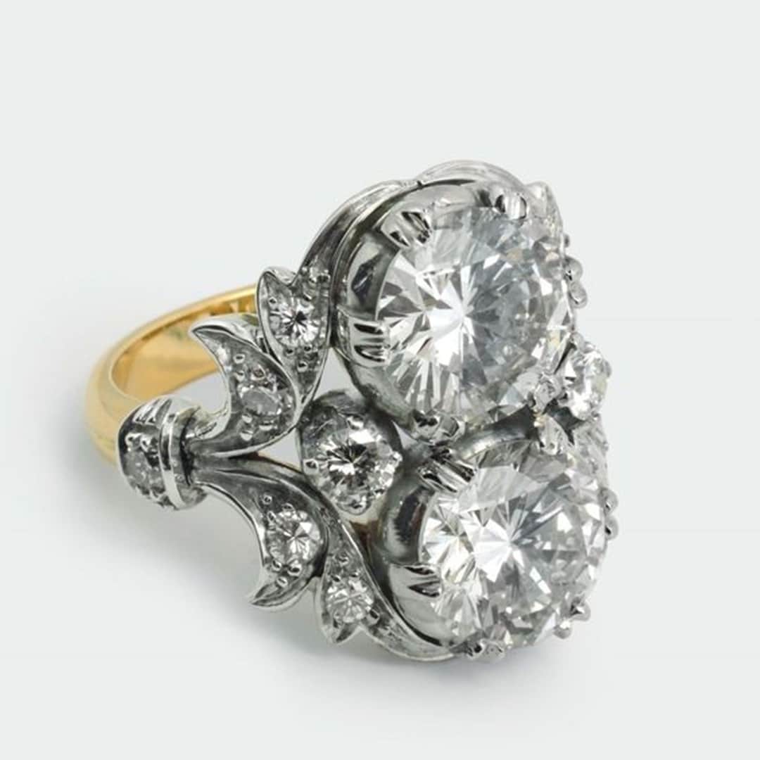 Two Stone Art Deco Ring, Round Moissanite Diamond Edwardian Ring, Toi ...