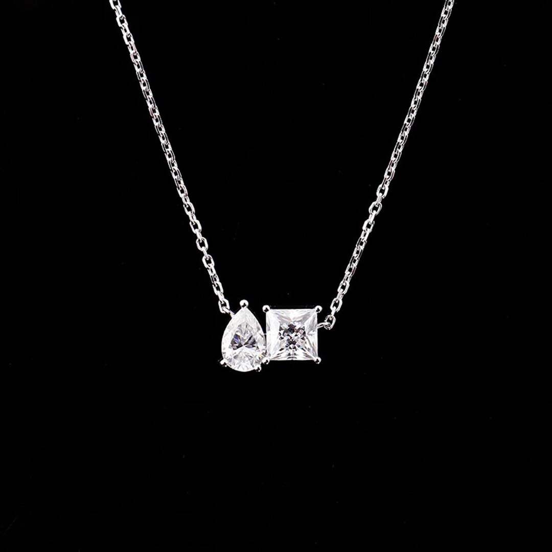 Woman's Two Stone Necklace, Princess With Pear Cut Moissanite Diamond ...