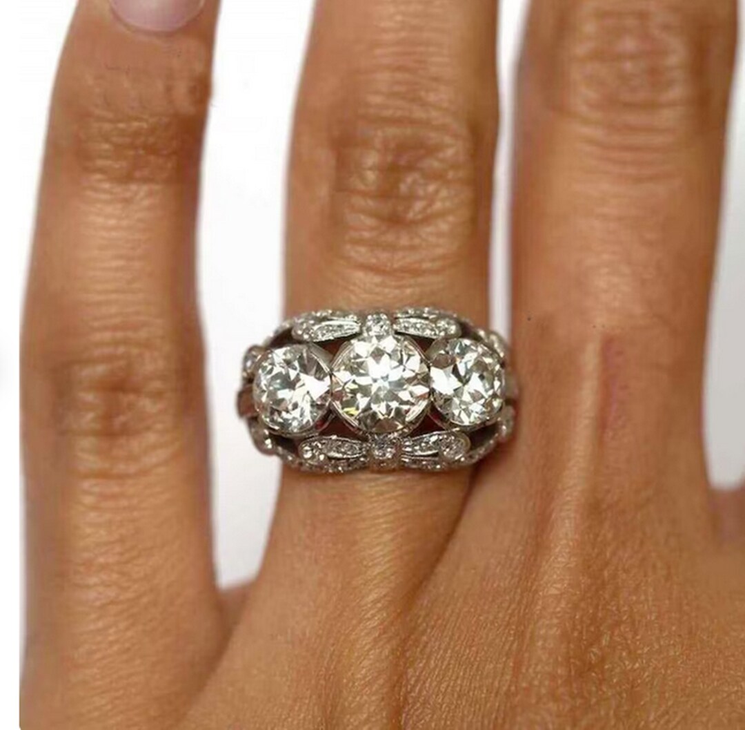 Openwork Filigree Art Deco Ringthree Stone Wedding Ringold - Etsy